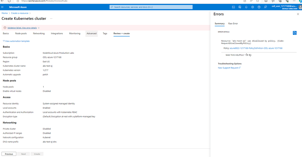 Cannot Create Aks Cluster In Azure Playground Playgrounds Kodekloud Devops Learning Community 