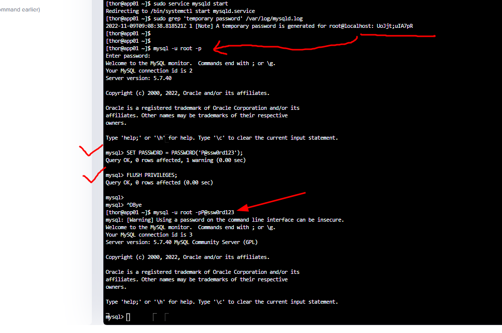 As it said i got a temp password to log in mysql server, but while ...